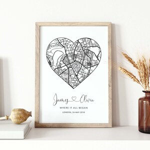 Custom Heart Shaped Map Print, Personalised Wedding or Anniversary Gift ...