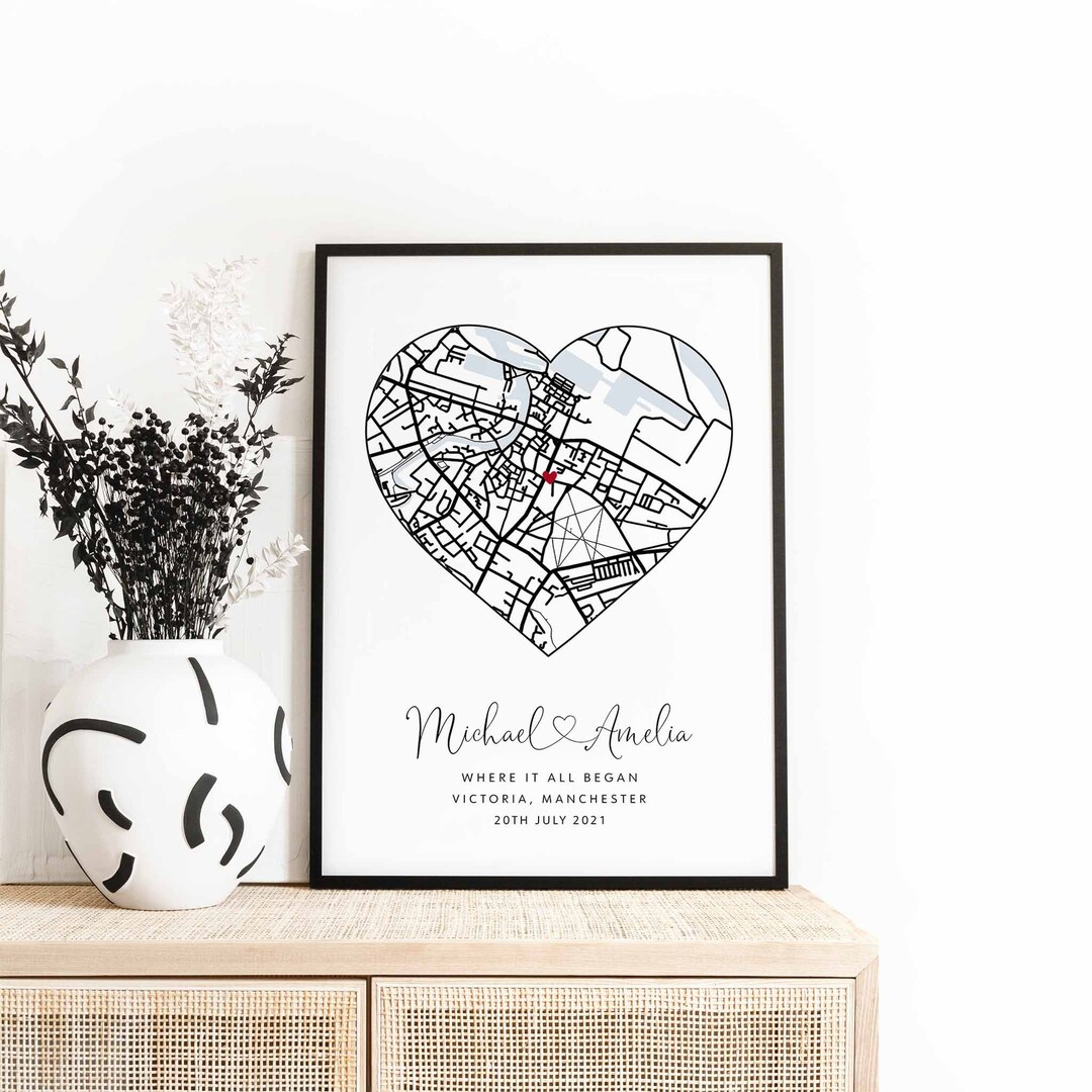 Custom Heart Shaped Map Print, Personalised Wedding or Anniversary Gift ...