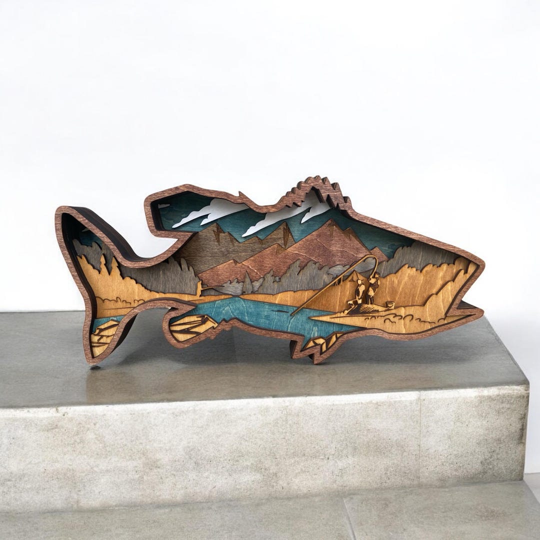 Bass Fish, Handcrafted Layered Wood Fish Wall Art, Fly Fishing ...