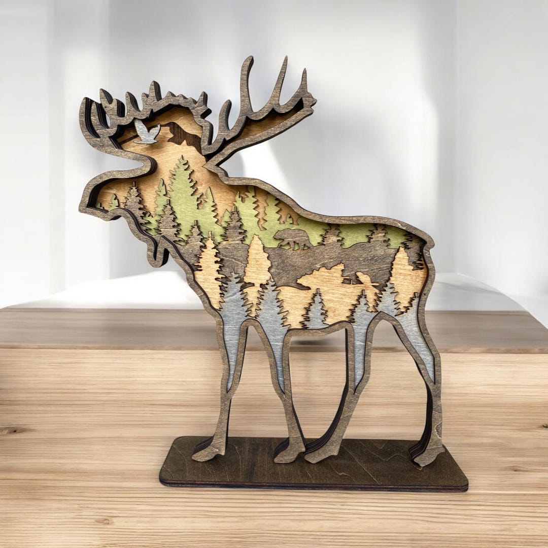 3D Laser Engraved Moose, Rustic Moose Forest Scene Wooden Decor ...