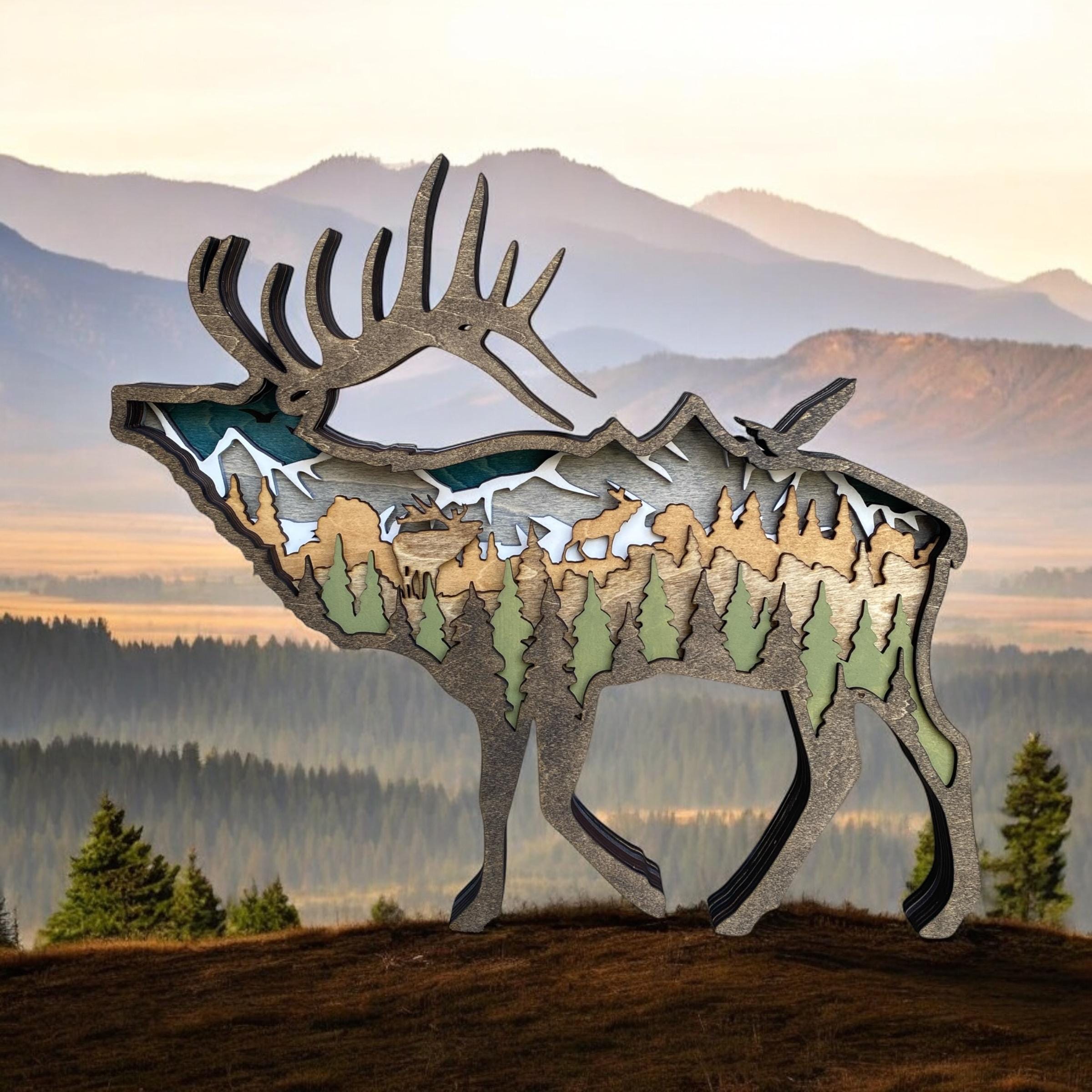 Laser Engraved Elk, Layered Wooden Elk Wall Art, Rustic Cabin Decor ...