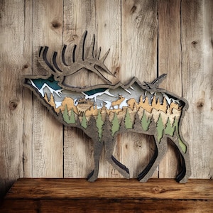 Laser Engraved Elk, Layered Wooden Elk Wall Art, Rustic Cabin Decor ...
