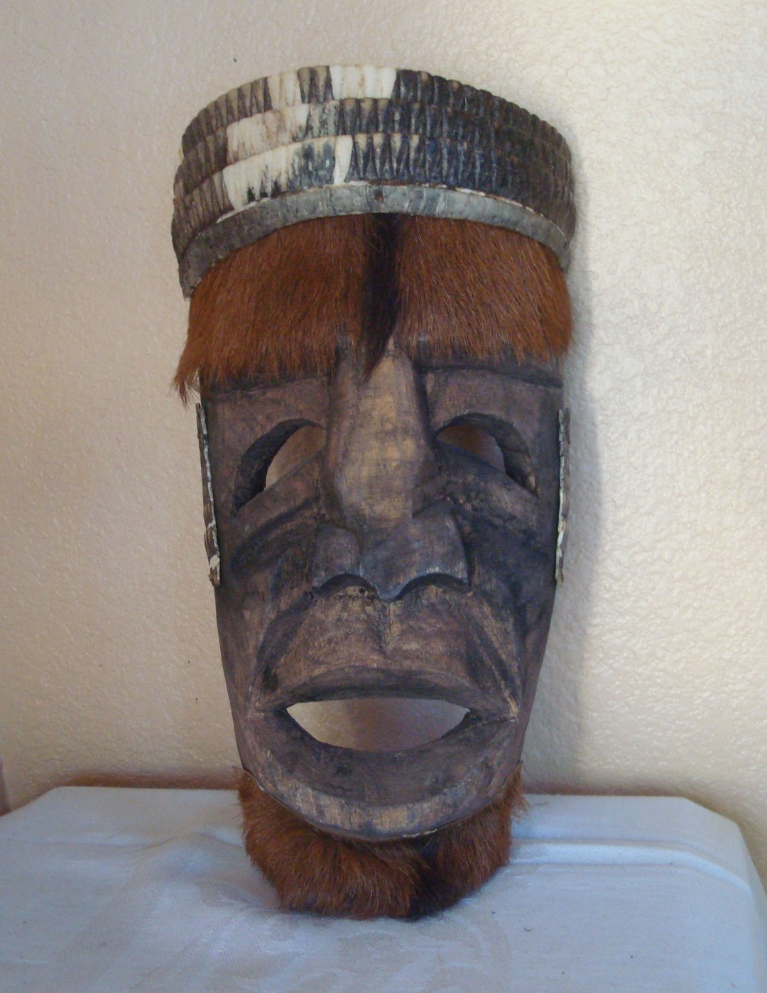 Vintage Mexican Folk Art Mask Wood Carved W/ Armadillo Skin Animal Fur ...