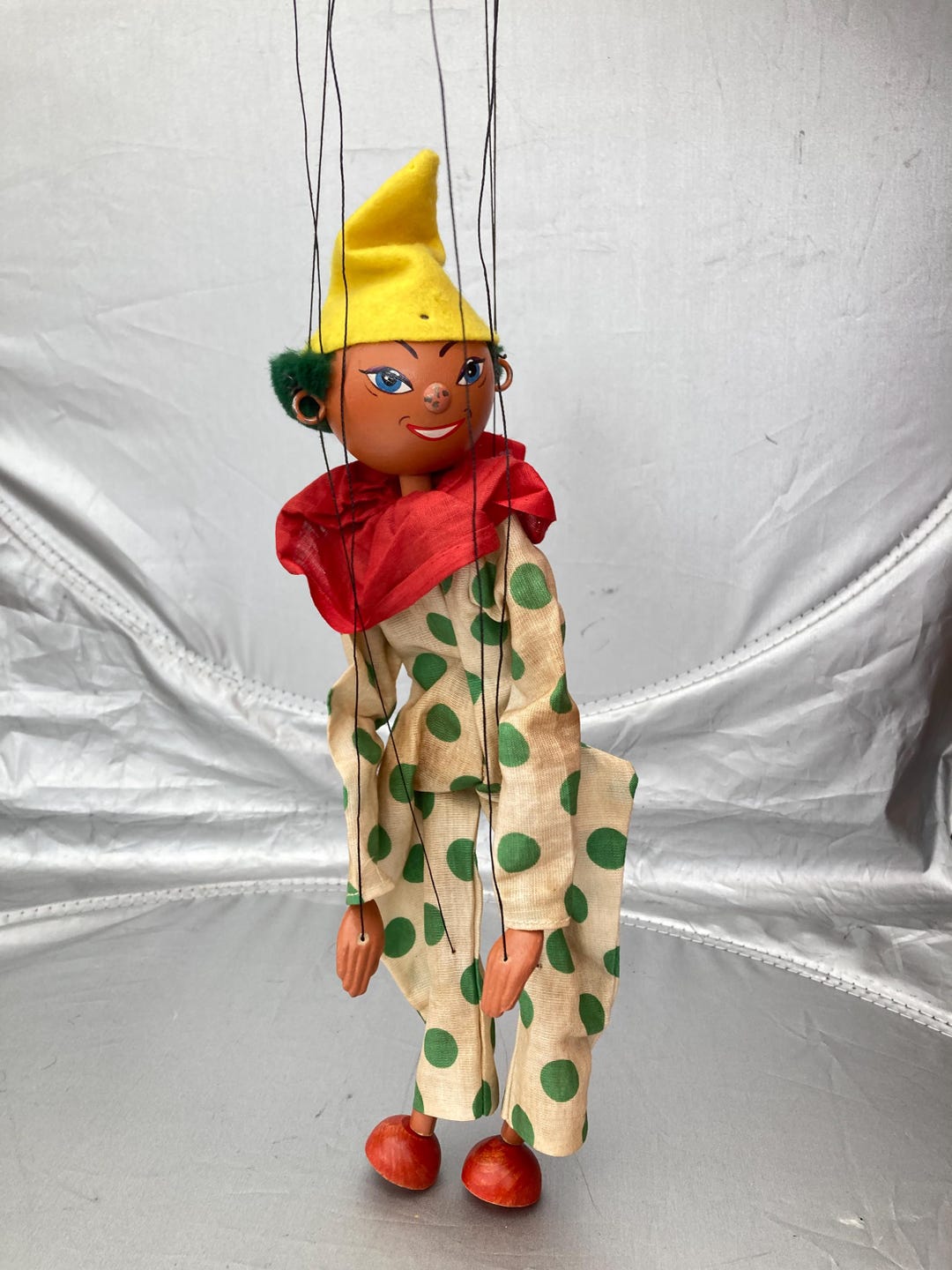 Pelham Puppet Clown Brown Hair Polka Dot Suit Very Cute String Puppet ...