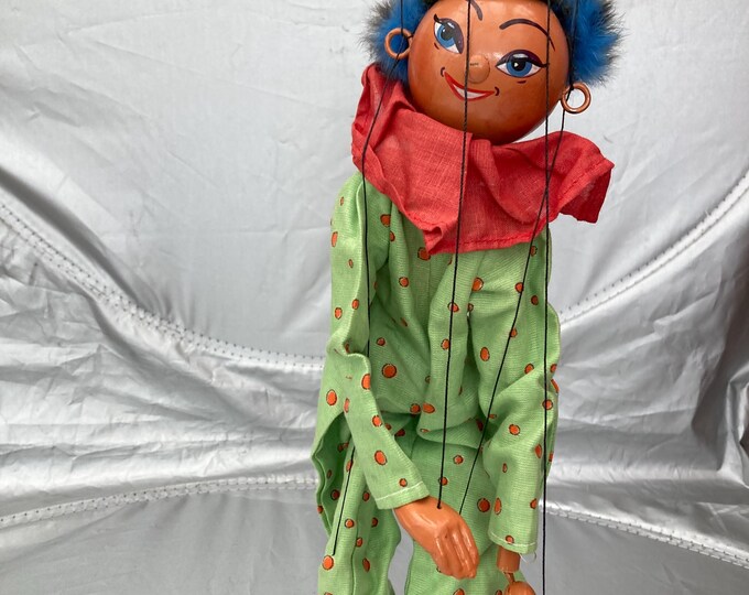 Pelham Puppet Clown Blue Hair Very Cute String Puppet in Cardboard Box ...
