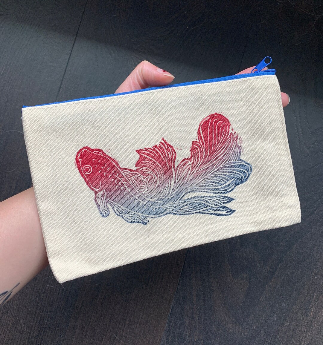 Betta Fish Hand Printed Canvas Pouch, Siamese Fighting Fish Original ...
