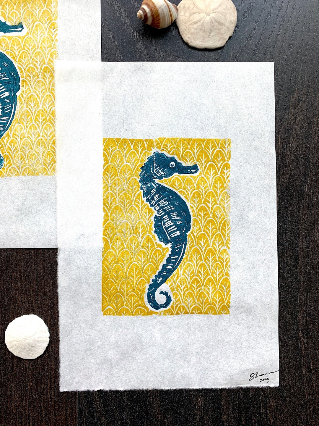 Seahorse Art Deco Original Linocut, Handmade Art Print, Navy Blue and ...