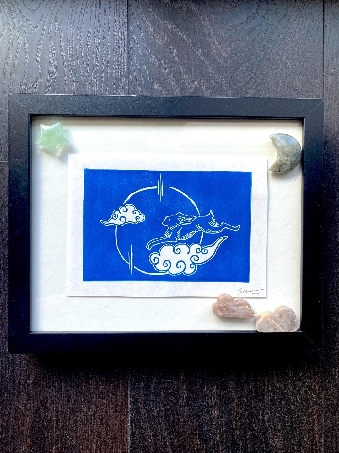 Rabbit on the Moon Original Linocut Art, 5x7" Handmade Block Print ...
