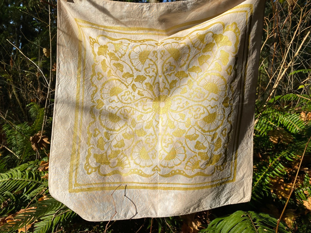 BOTANICAL GOLD BANDANA or Altar Cloth, Screen Printed Bandana ...