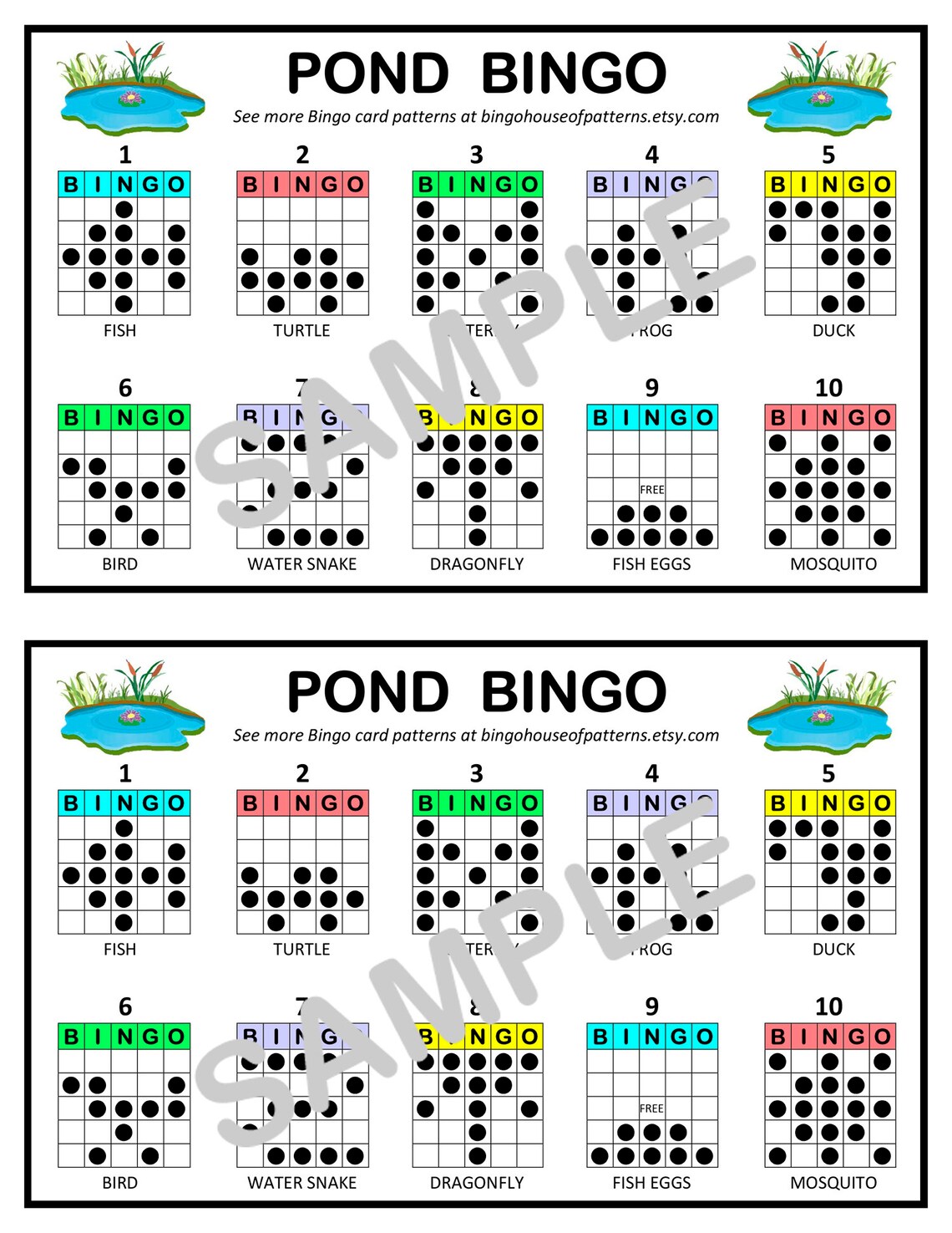 Pond BINGO Card Patterns for Really Fun BINGO Games - Bingo Cards - Etsy