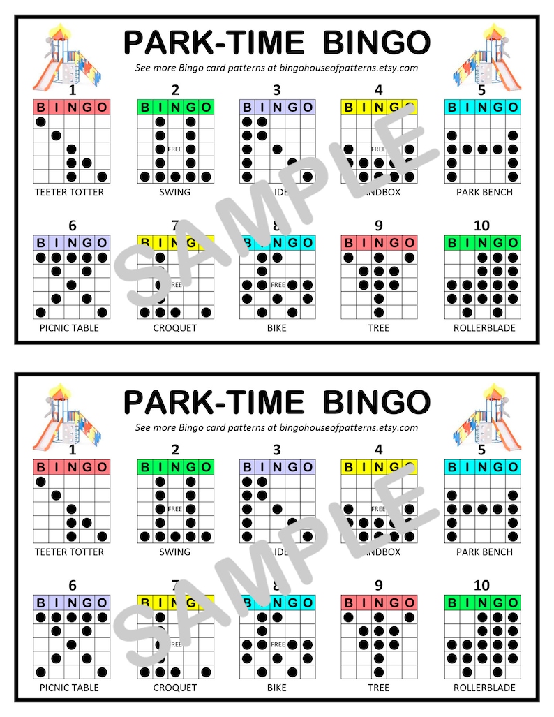Park Time BINGO Card Patterns for Really Fun BINGO Games - Bingo Cards ...