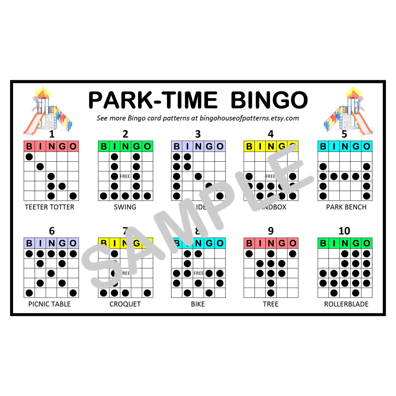 Park Time BINGO Card Patterns For Really Fun BINGO Games Bingo Cards Etsy
