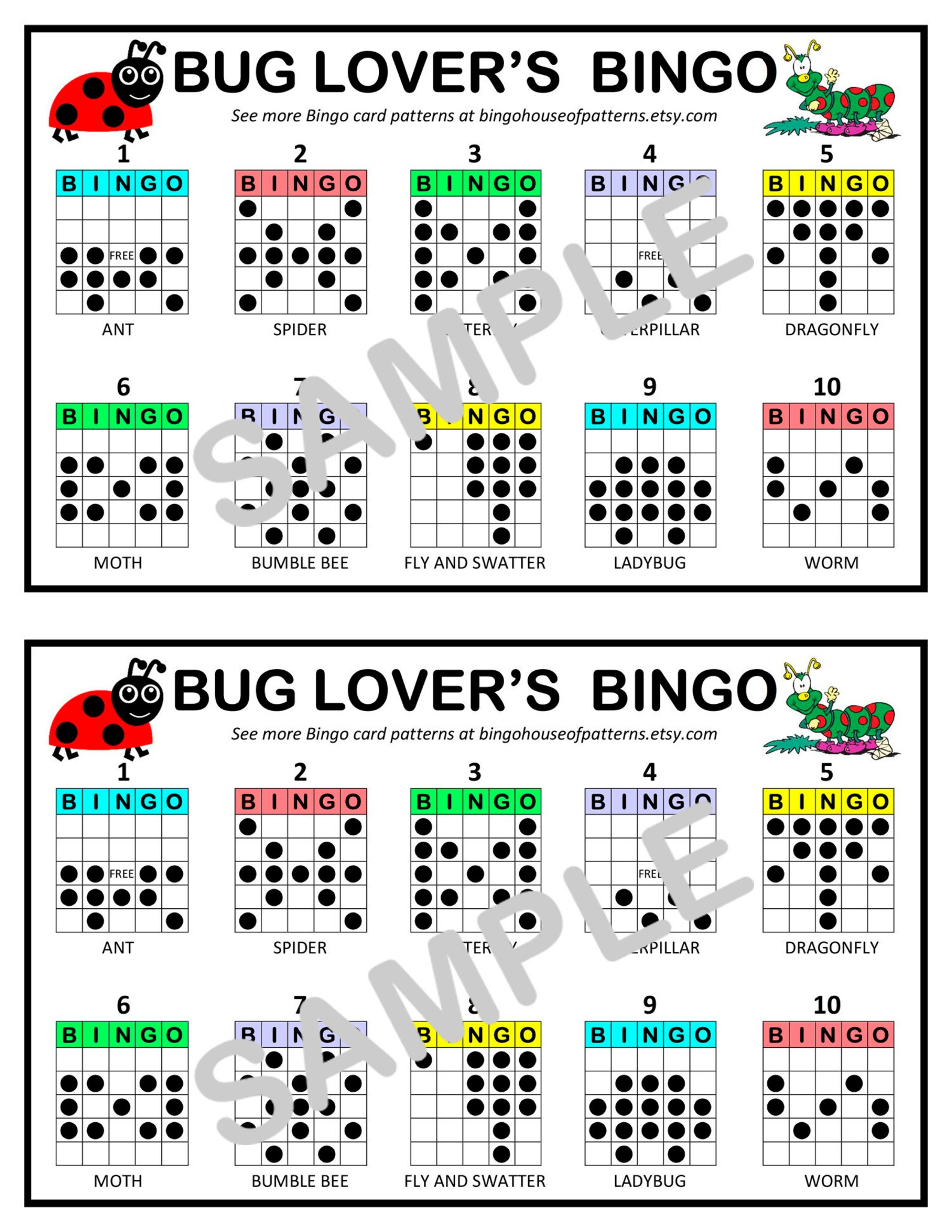 Bug Lovers BINGO Card Patterns for Really Fun BINGO Games - Bingo Cards ...
