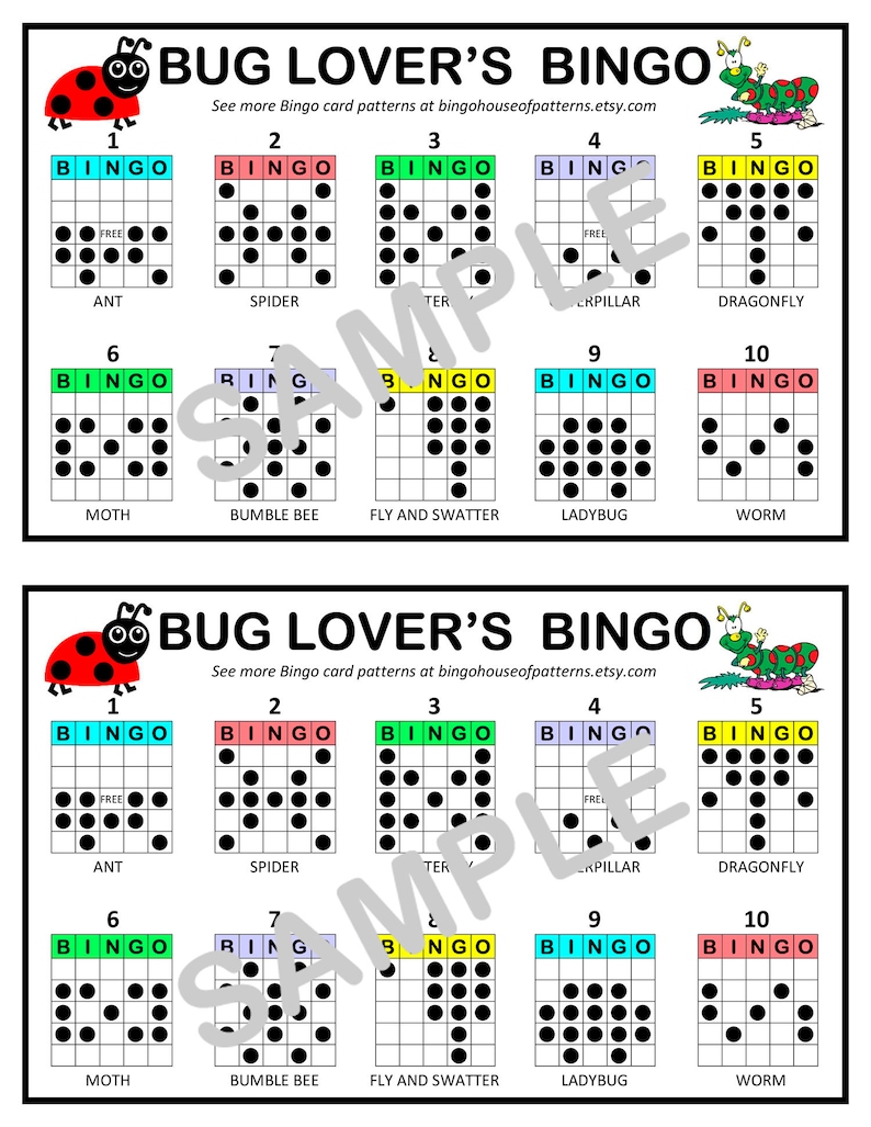 Bug Lovers BINGO Card Patterns for Really Fun BINGO Games - Bingo Cards ...