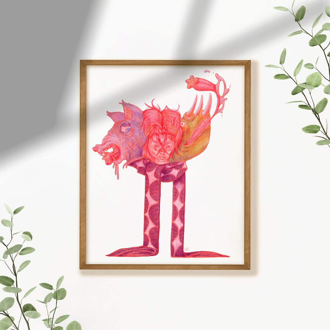 Cute Chimera Girls Mixed Media Drawing Illustration Wolf and Chameleon ...