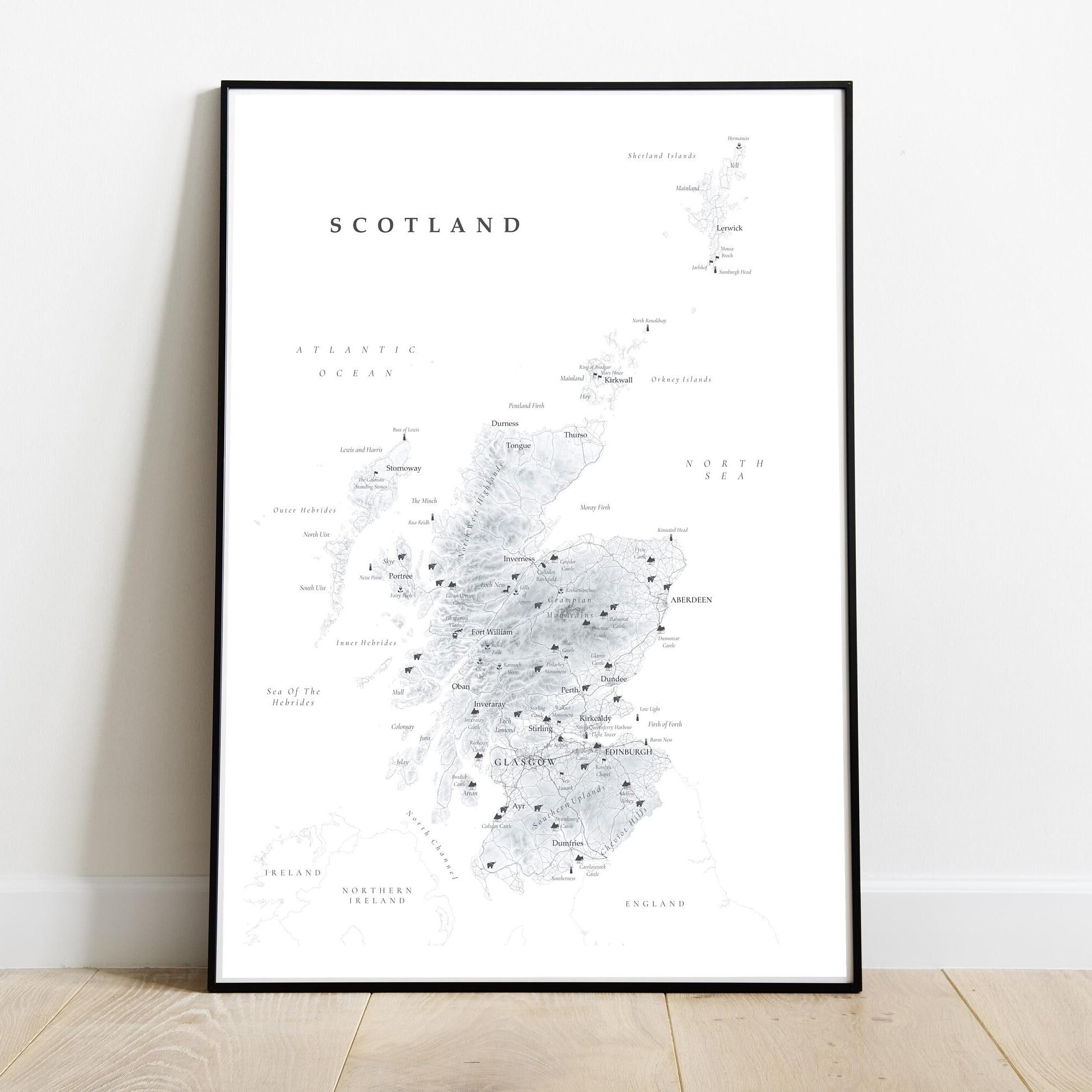 SCOTTISH Heritage Map Castles, Lighthouses & Highland Cattle Print ...
