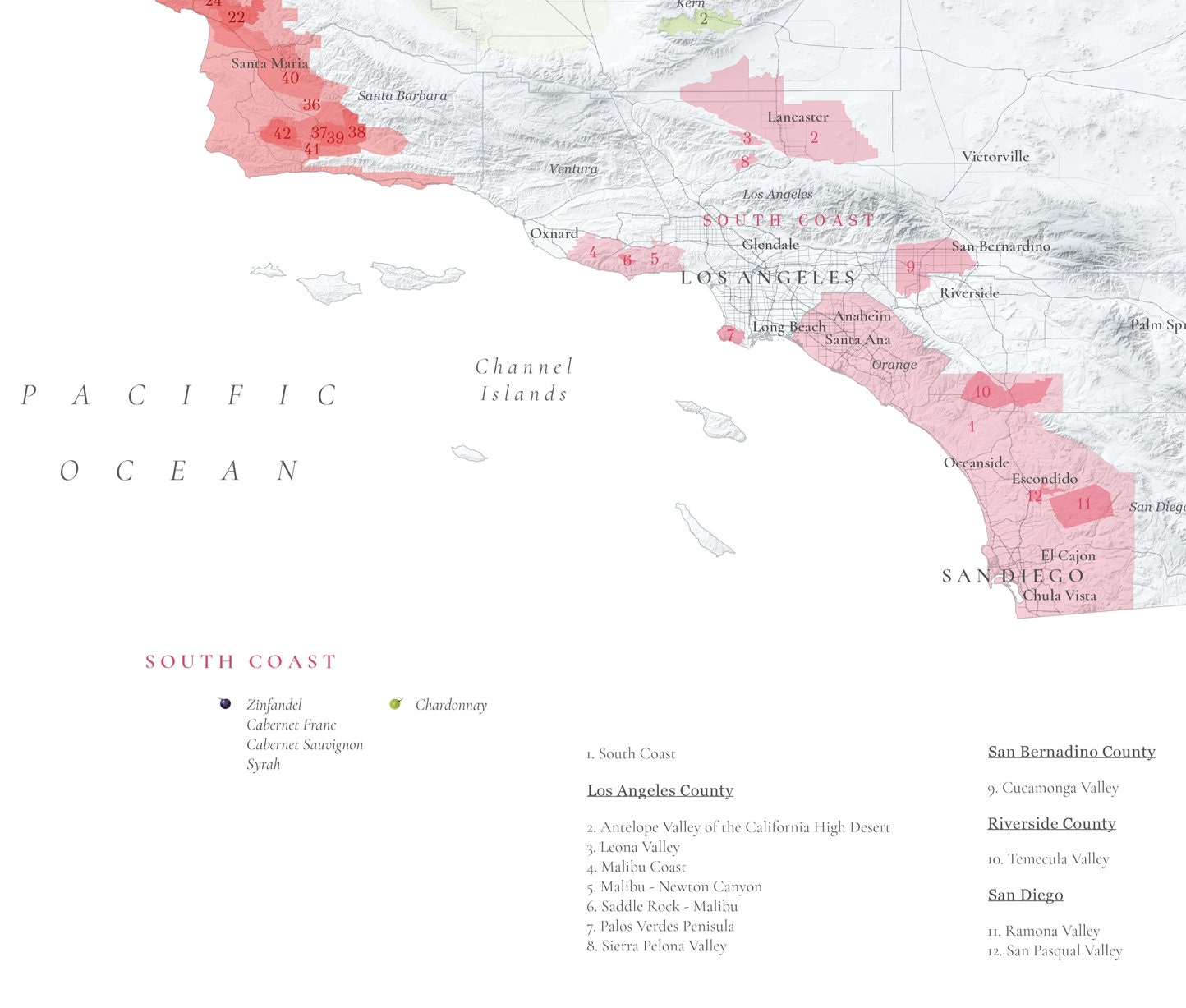 WINE CALIFORNIA US Wine Map of California Avas Grapes Print Home ...