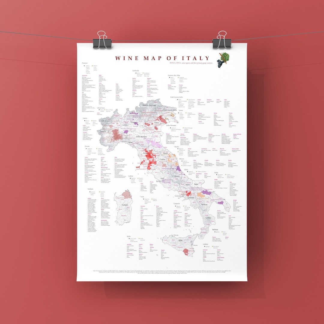 WINE ITALY Wine Map Mappa Dei Vini D' Italia DOC Grapes Varieties Print ...