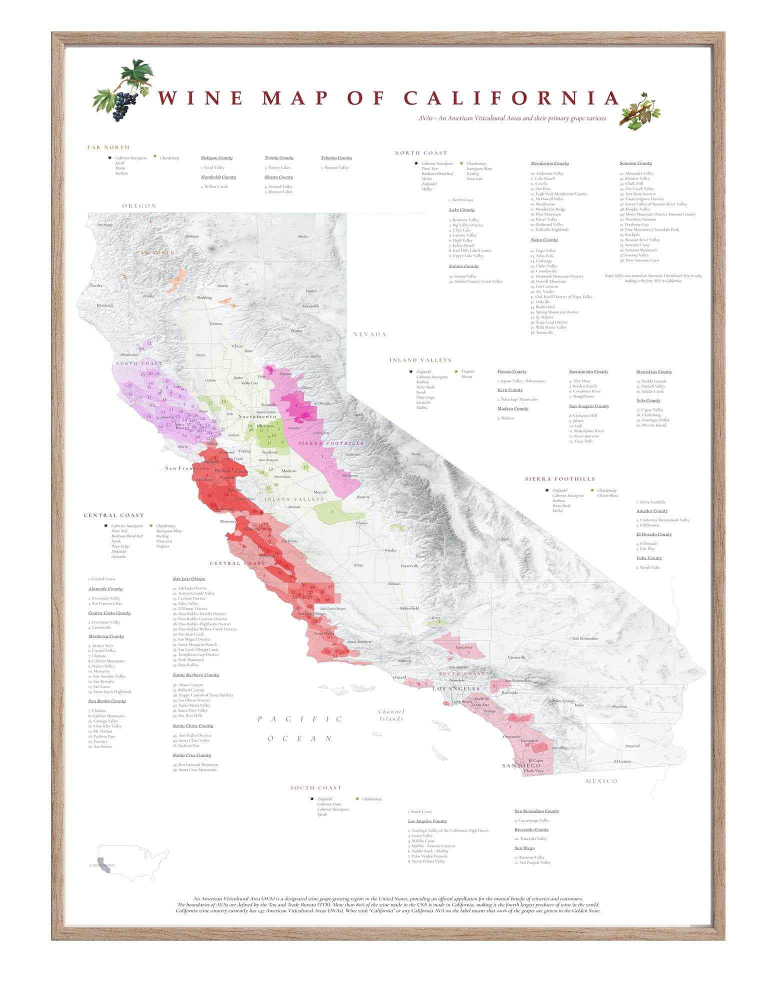 WINE CALIFORNIA US Wine Map of California Avas Grapes Print Home ...
