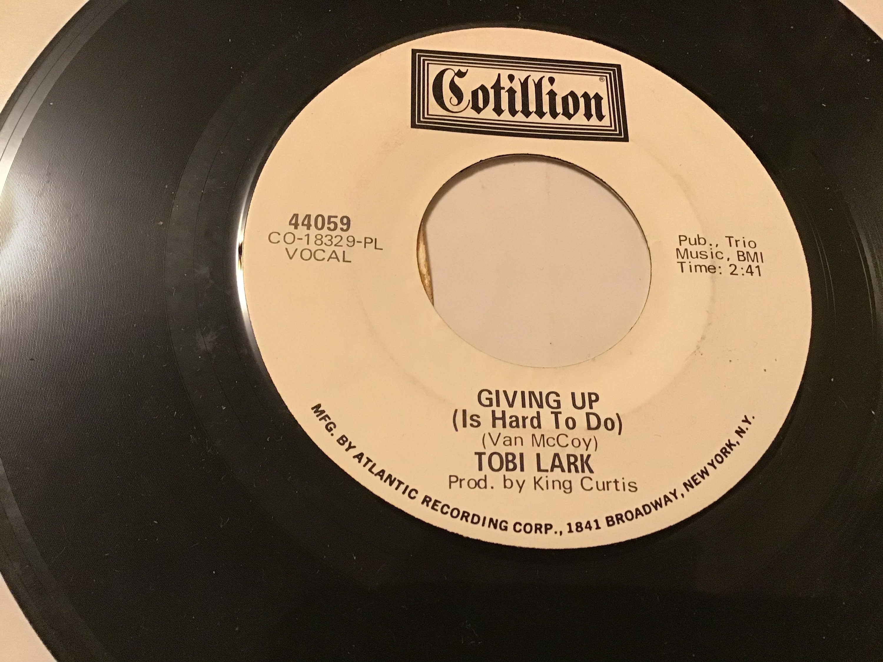 Tobi Lark 45 Rpm Record on Cotillion 44059 Giving up is Hard to Do Flip ...