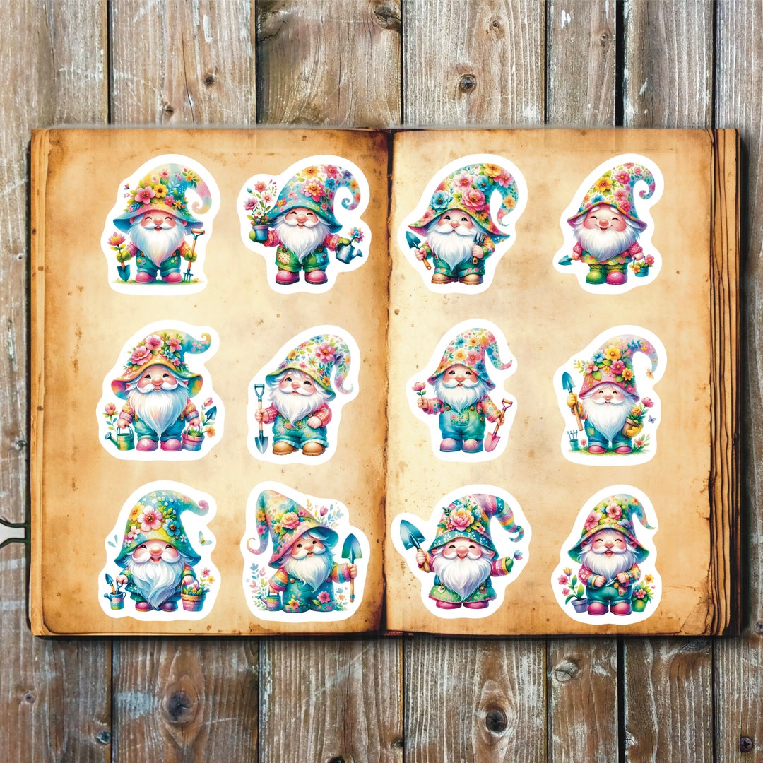 Gnome Stickers, Set of 24 Stickers, Floral Gnome Stickers, Colorful ...