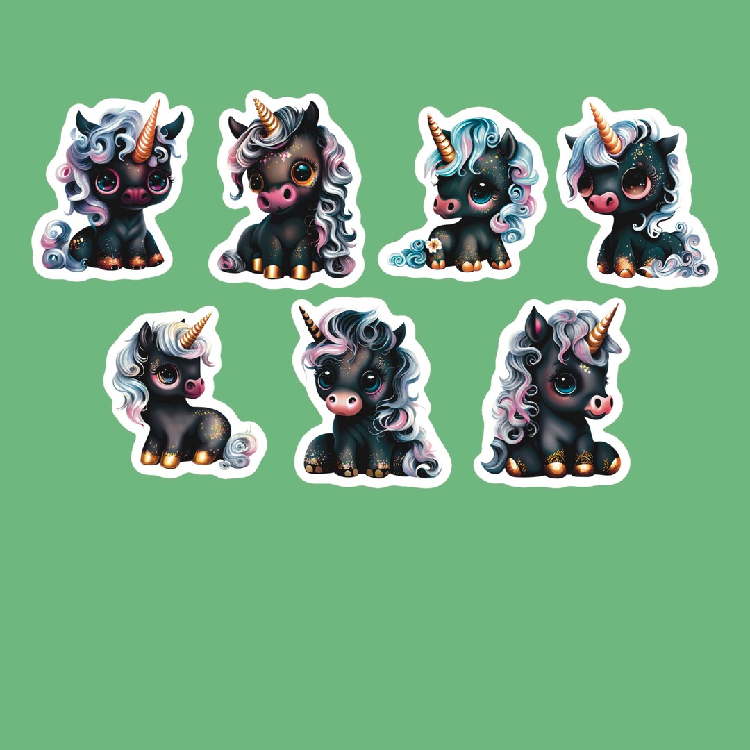 Black Unicorn Stickers, Set of 21 Stickers, Beautiful Baby Unicorn ...