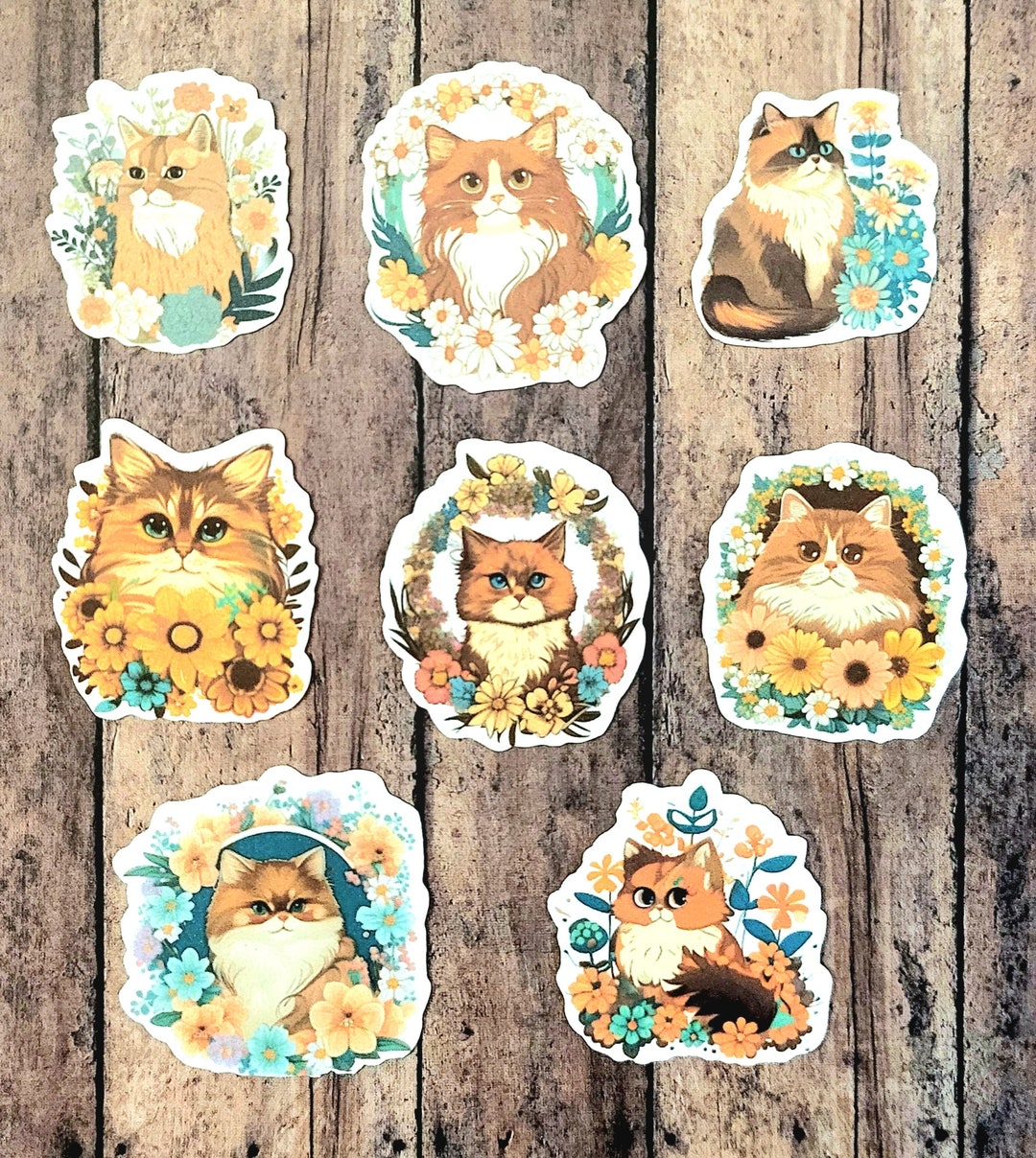 Kawaii Somali Cat in Flowers, Set of 24 Stickers, Sticker, Journal ...