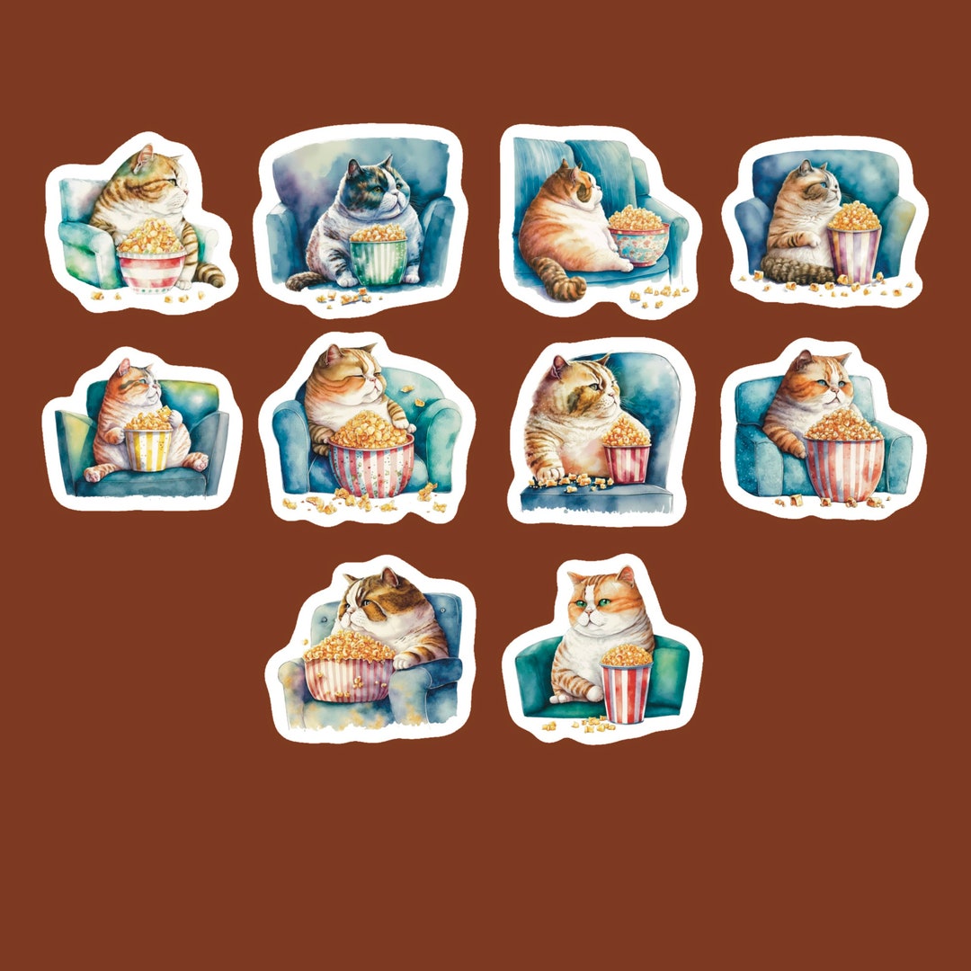 Fat Cats Eating Popcorn Stickers, Set of 20 Stickers, Cat Stickers ...
