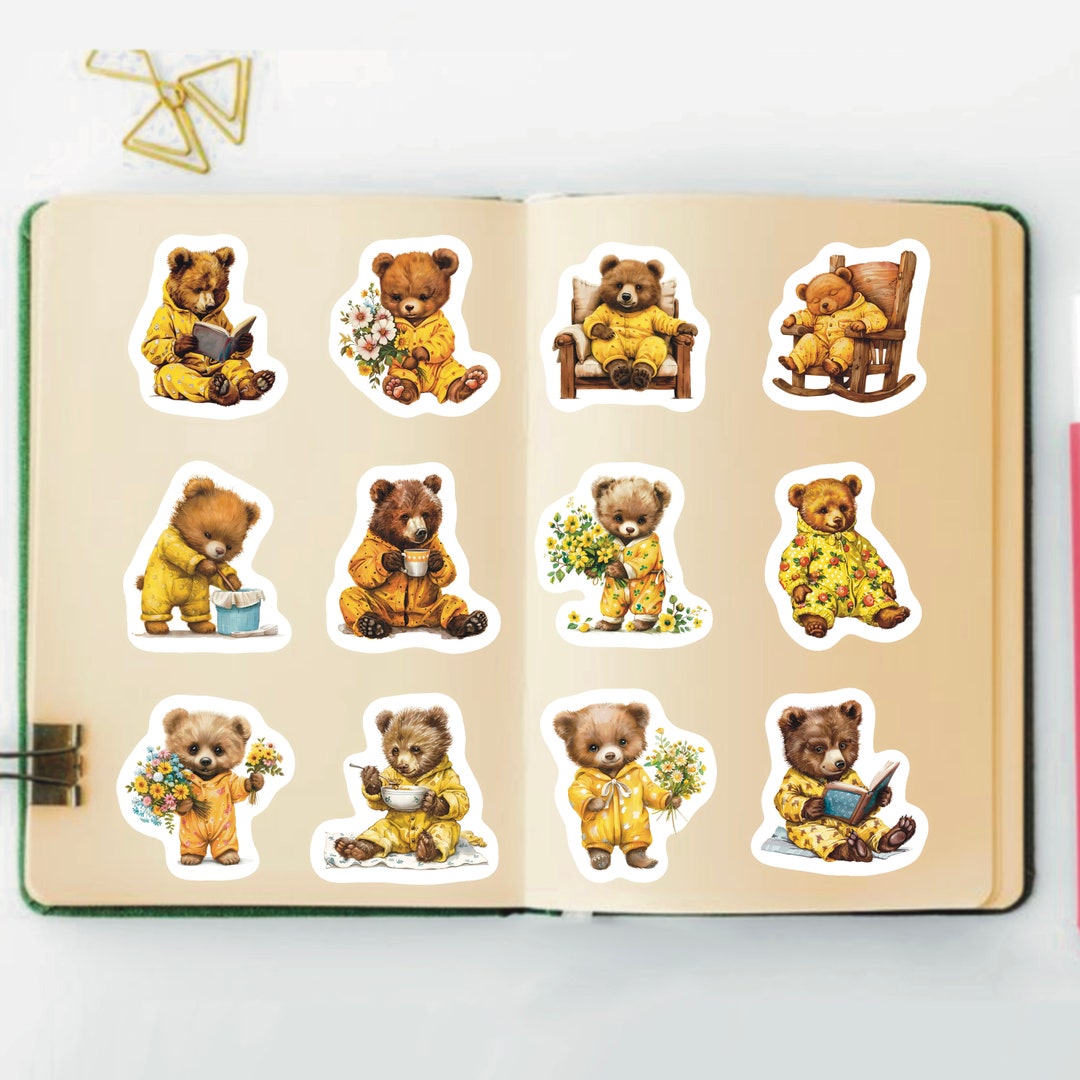Yellow Teddy Bear Stickers, Set of 24 Stickers, Nursery Stickers, Bear ...
