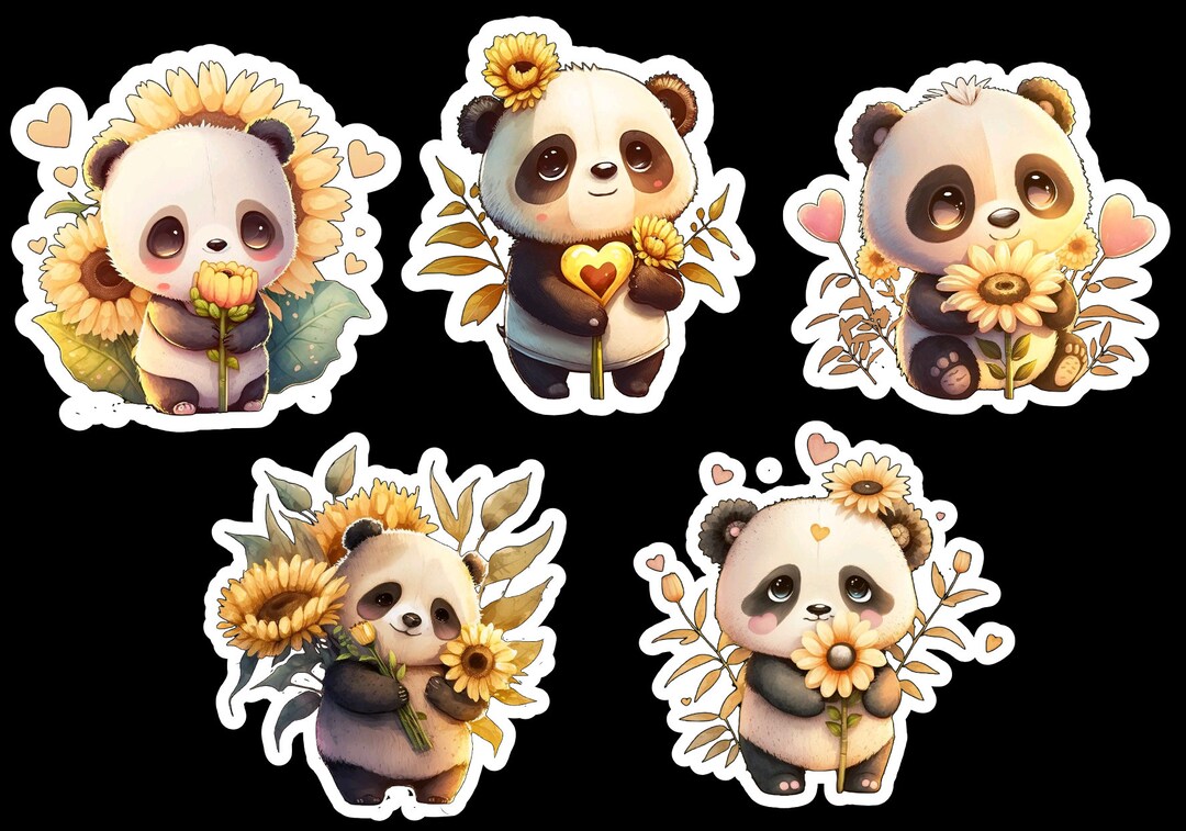 Sunflower Pandas, Set of 20 Stickers, Sticker, Journal Sticker, Die Cut ...