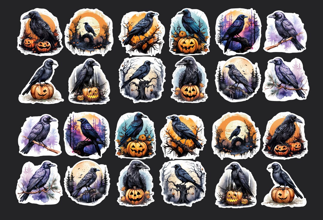 Raven Stickers, Set 24 Stickers, Journal Sticker, Halloween Stickers ...