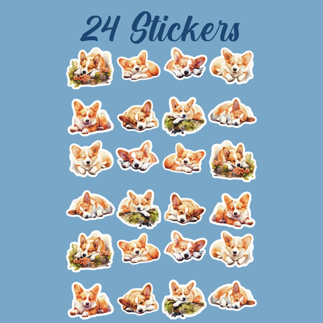 Corgi Stickers, Set of 24 Stickers, Sleeping Sticker, Dog Sticker ...
