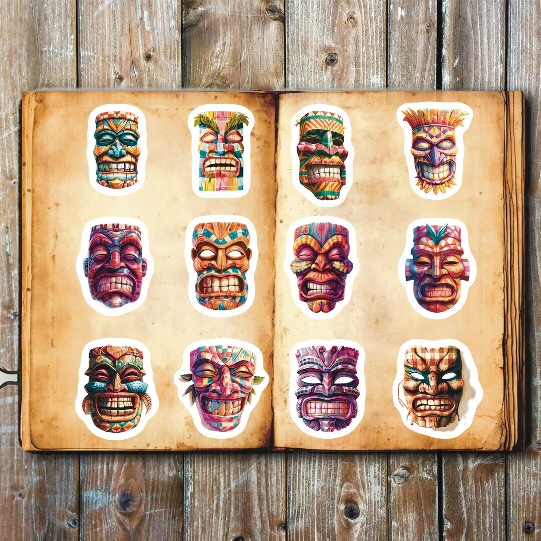 Tiki Head Stickers, Set 24 Stickers, Tiki Stickers, Tiki Heads ...