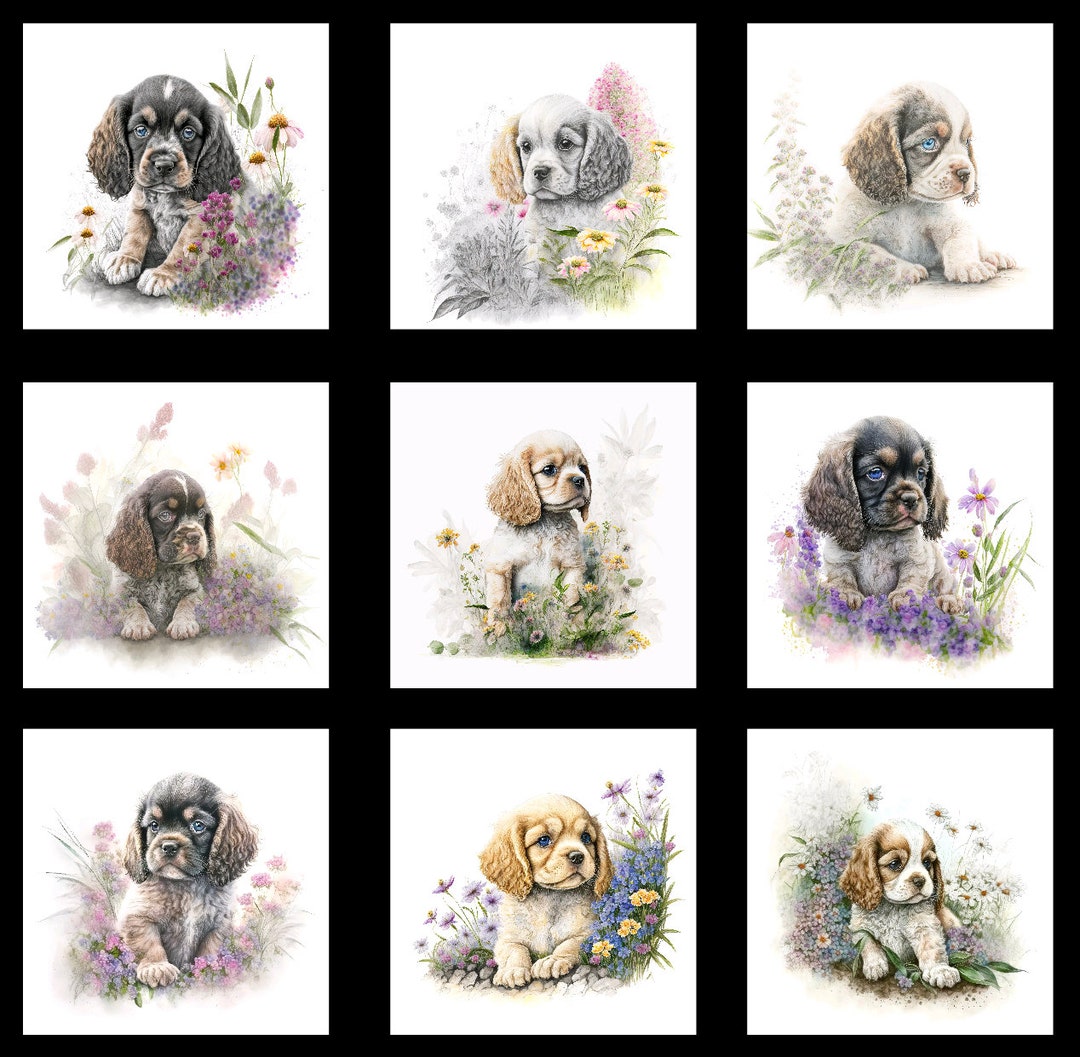 Watercolor Cocker Spaniel Stickers, Dog Puppy Floral Die Cut, Set of 27 ...