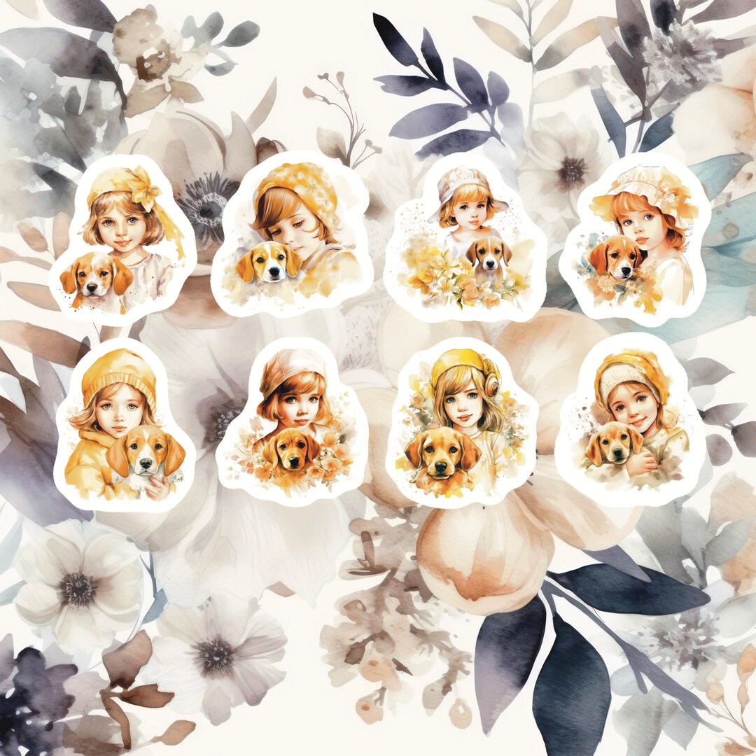 Little Girl in Yellow With Dog Stickers, Set of 24 Stickers, Girl ...