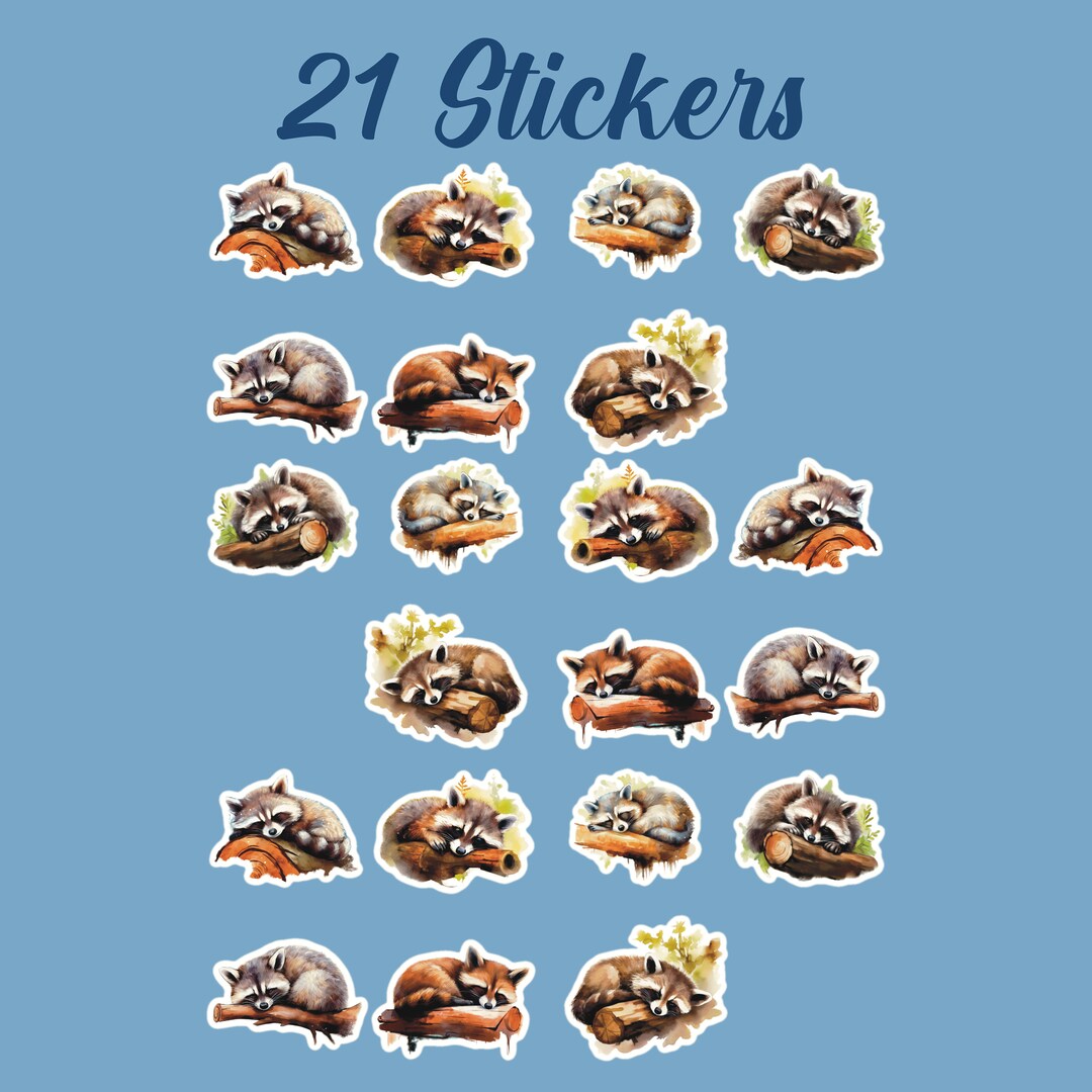 Raccoon Stickers, Set of 21 Stickers, Sleeping Sticker, Sleeping ...