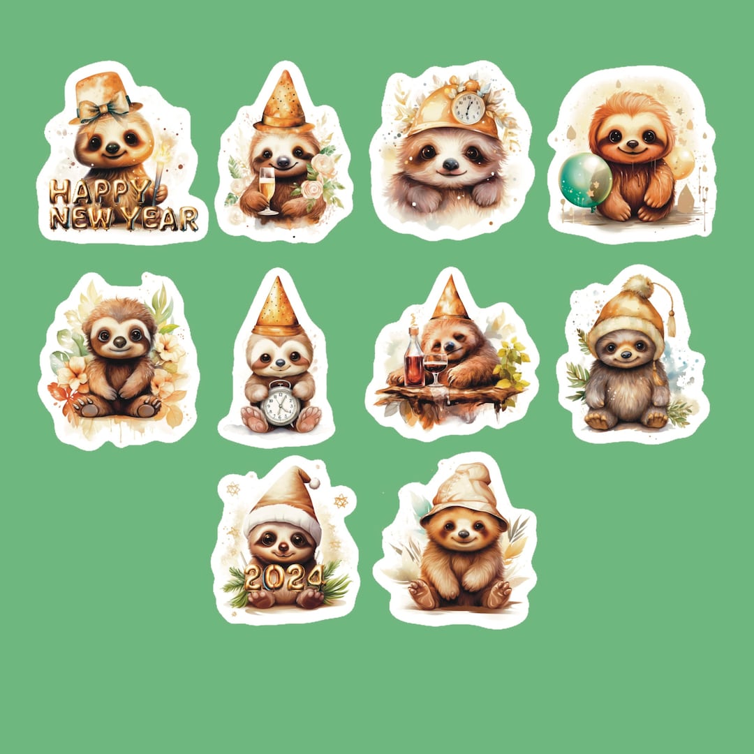 Sloth Stickers, Set of 20 Stickers, New Year Sloth Stickers, New Year ...
