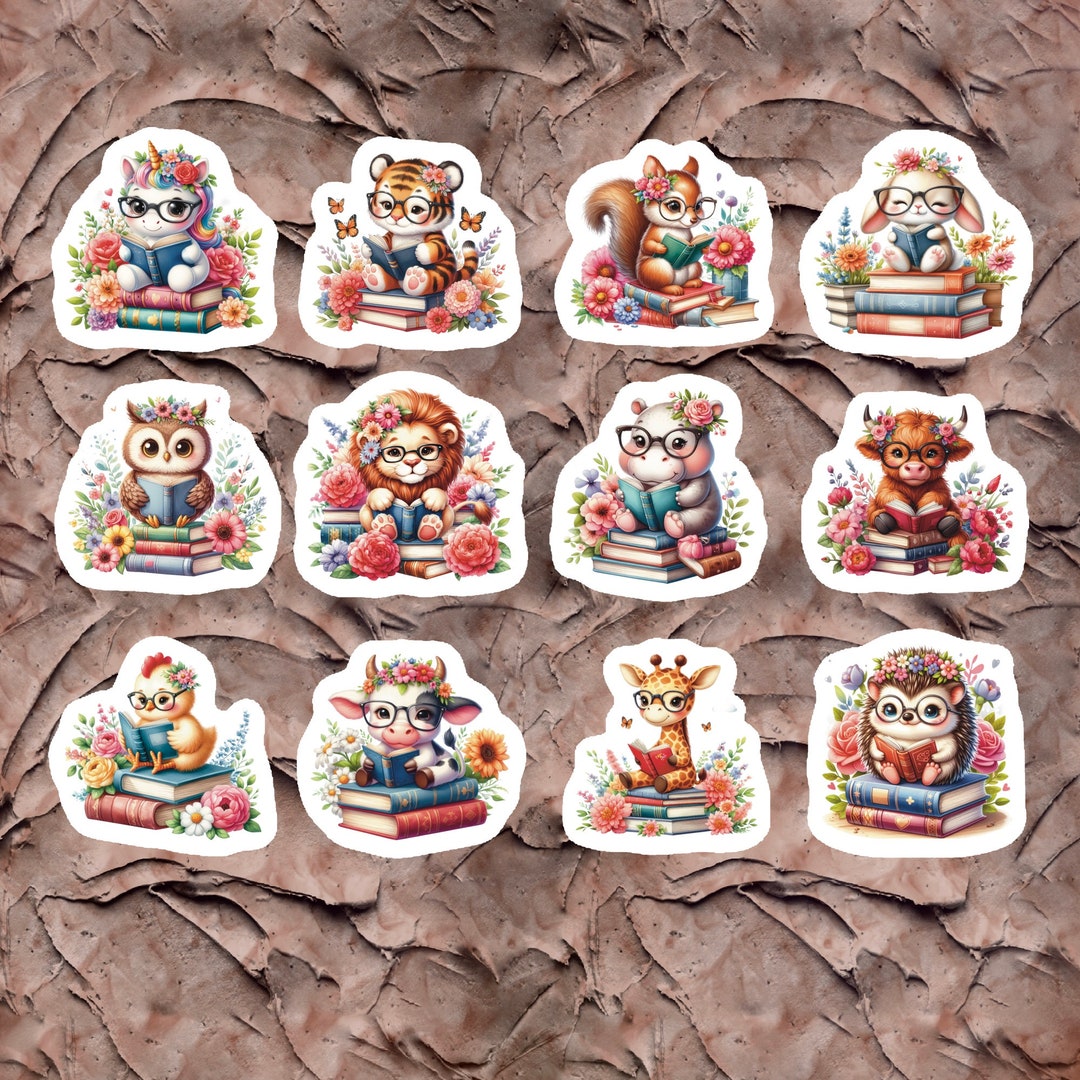 Animals Reading Stickers, Set 24 Stickers, Baby Animal Stickers ...
