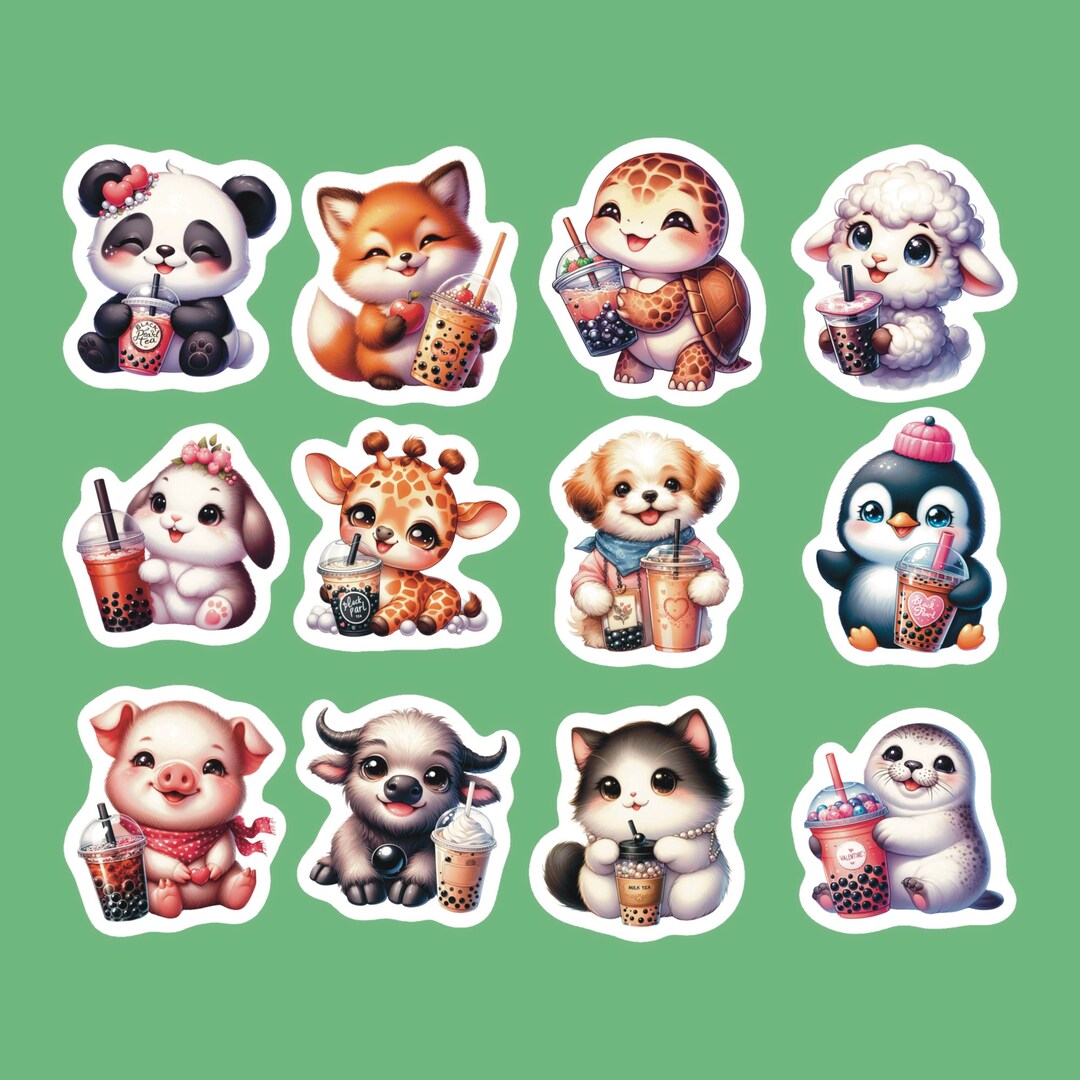 Boba Tea Animal Stickers, Set of 24 Stickers, Animal Stickers, Boba ...