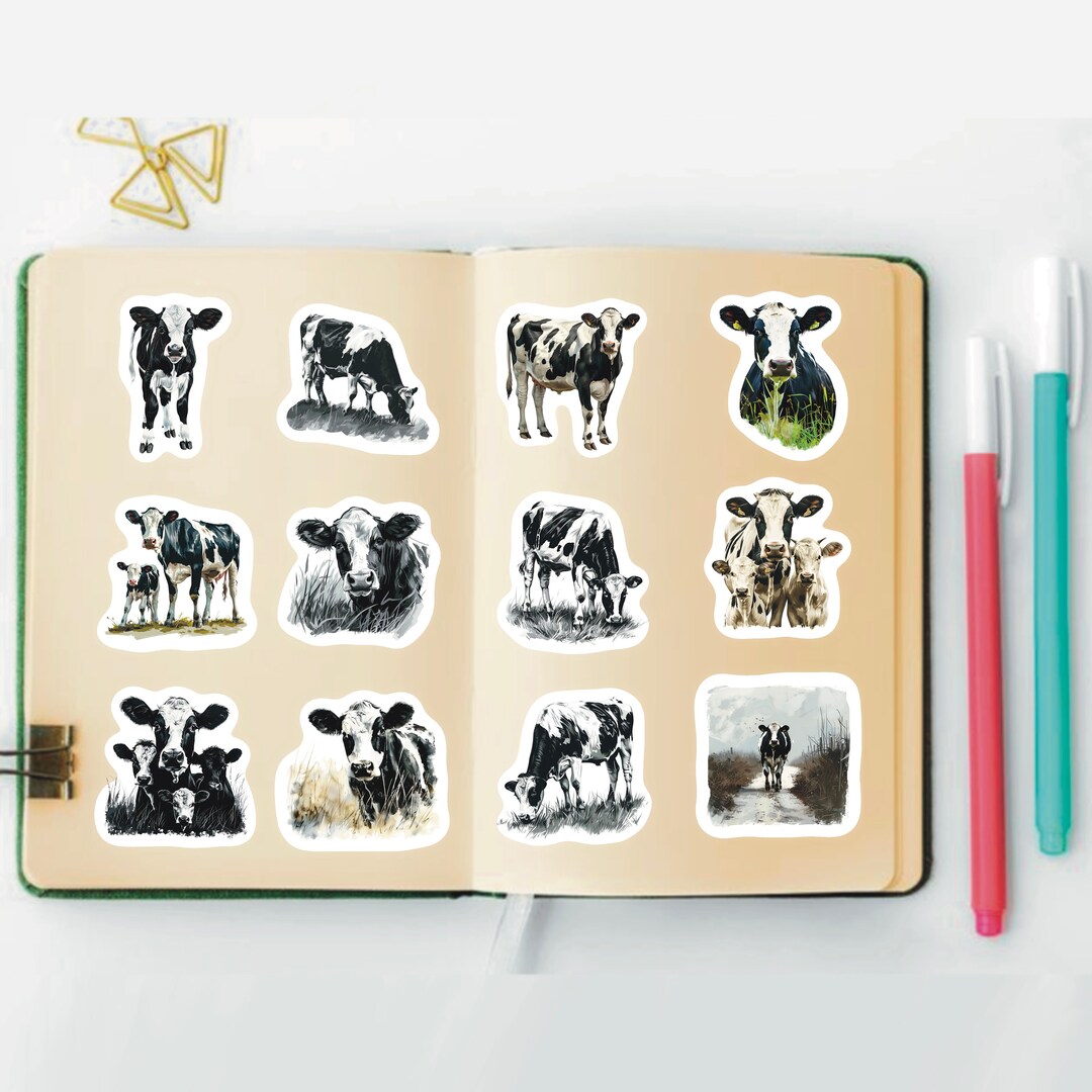 Black & White Cow Stickers, Set of 24 Stickers, Animal Stickers, Cow ...