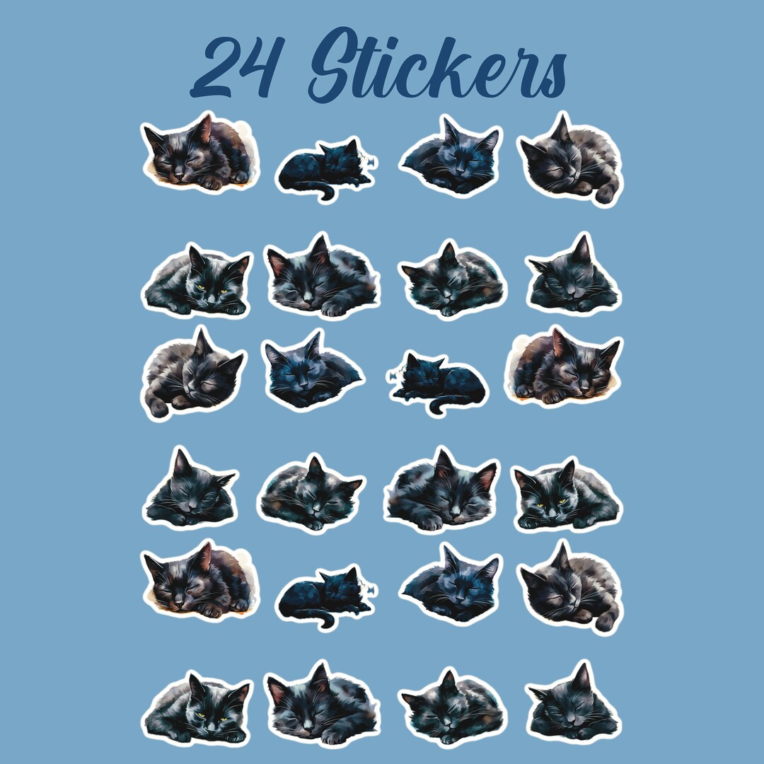 Black Cat Stickers, Set of 24 Stickers, Sleeping Sticker, Cat Sticker ...