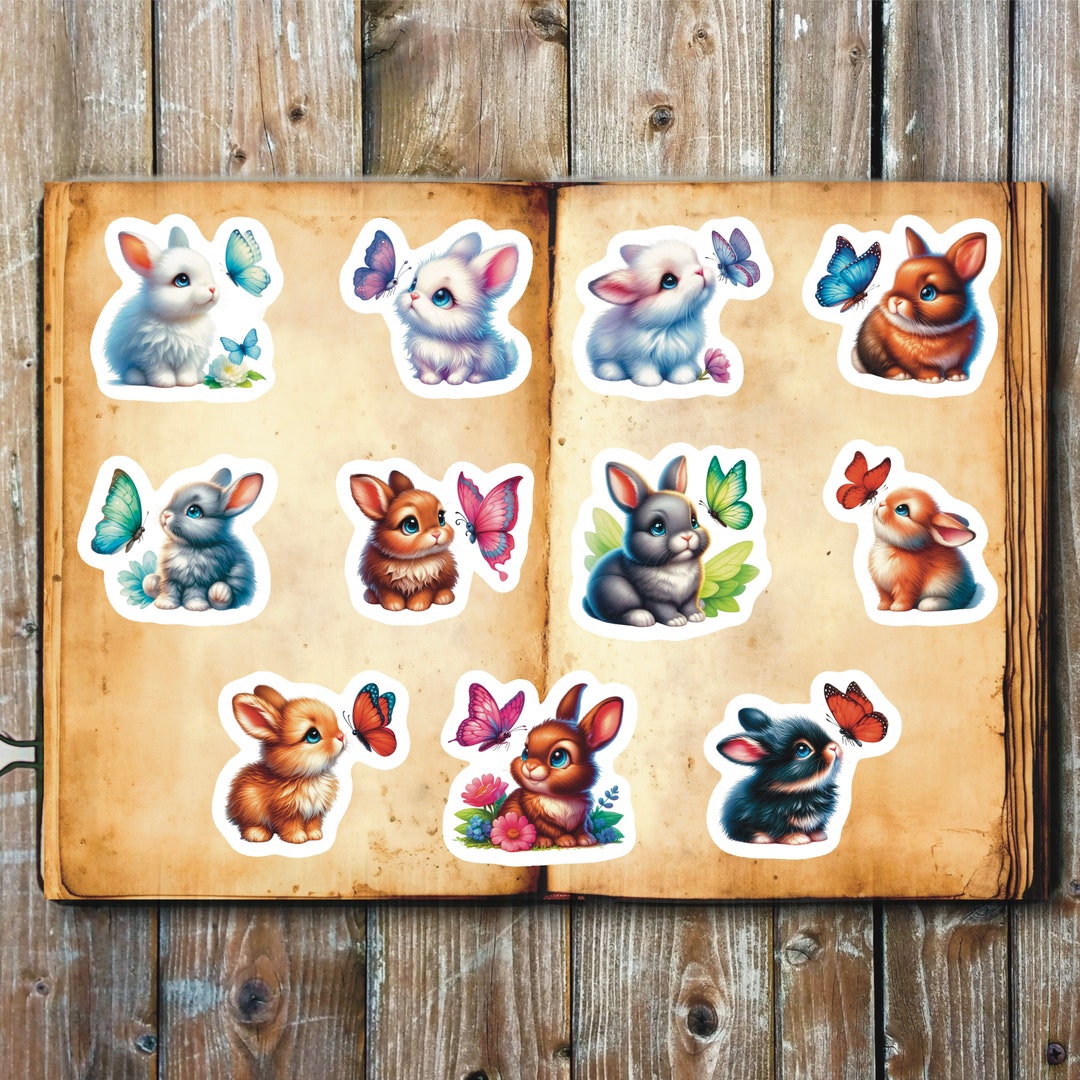 Bunnies & Butterfly Stickers, Set 22 Stickers, Bunnies, Butterflies ...