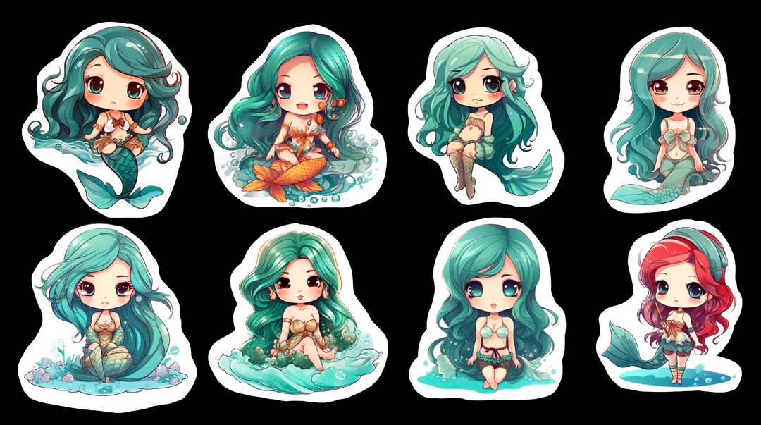 Chibi Mermaid, Set 24 Stickers, Sticker, Die Cut Sticker, Watercolor ...