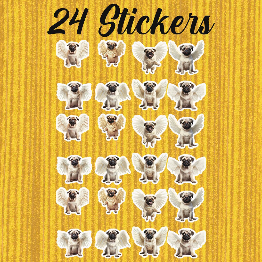 Pug Angel Stickers, Set of 24 Stickers, Heaven Stickers, Angel Wing ...