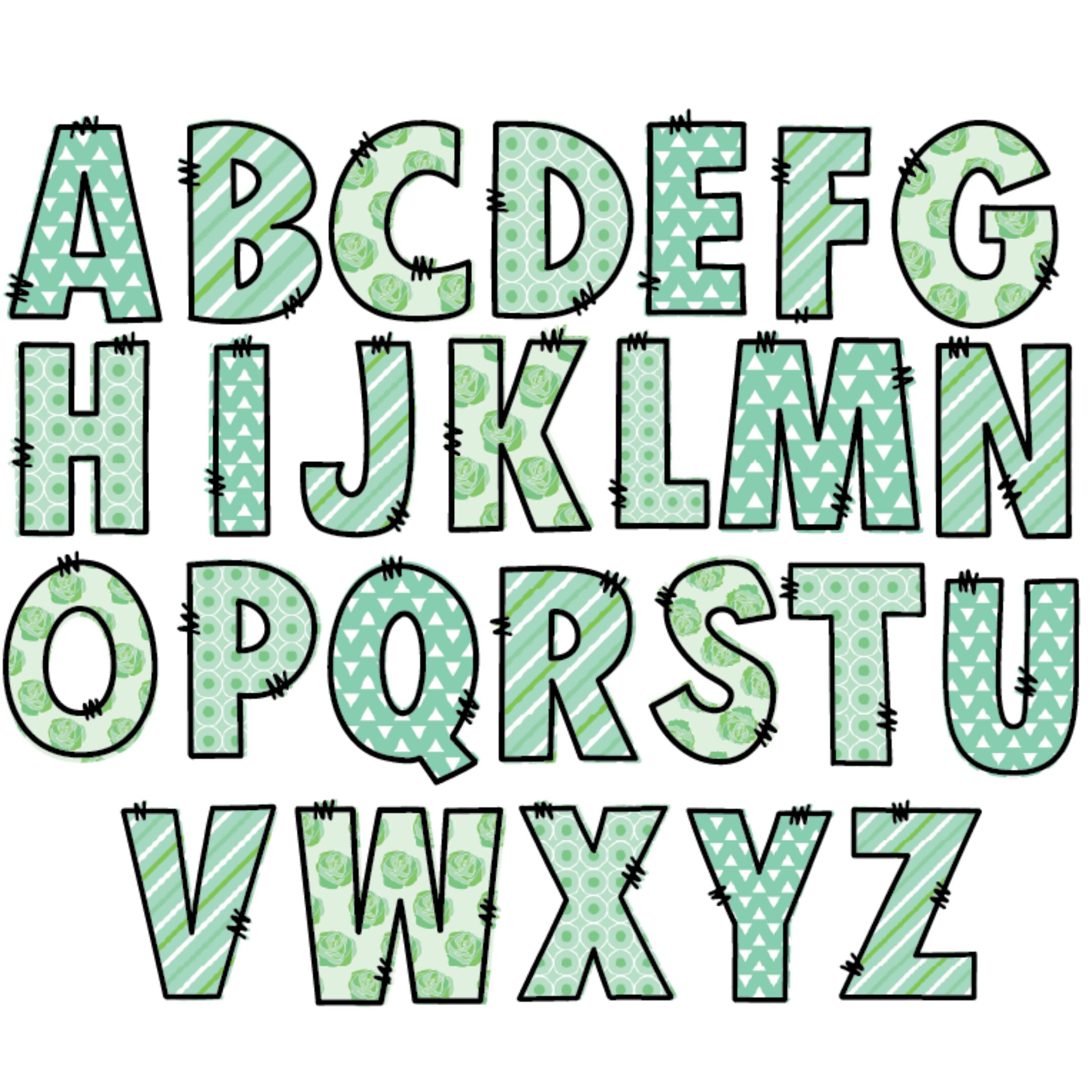 Mint Green Sketch Letters PNG With Doodle Outline Flower Font | Etsy