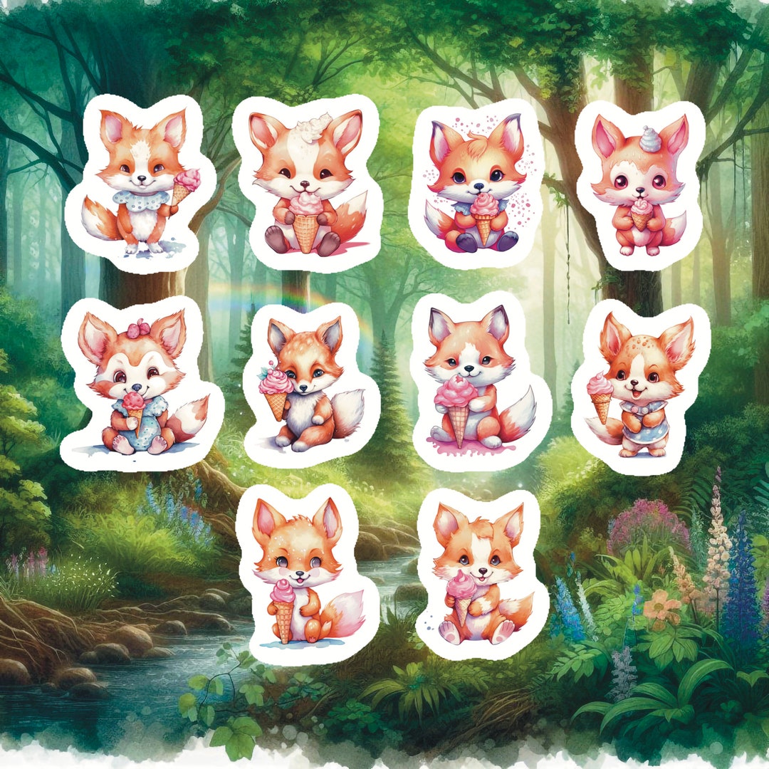 Baby Fox Eating Ice Cream Stickers, Set of 20 Stickers, Baby Fox ...