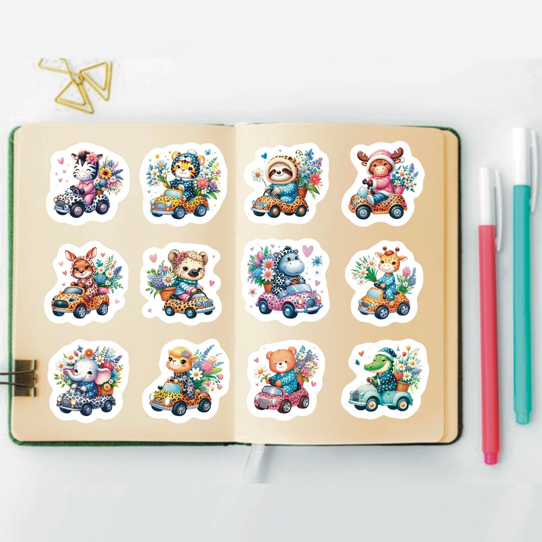 Dressed Baby Animals in A Car Stickers, Set 24 Stickers, Baby Animal ...