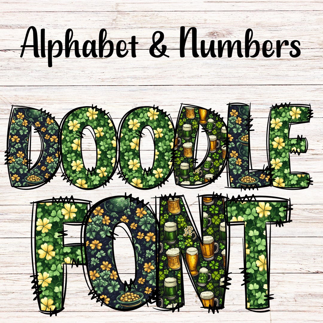 St. Patrick Doodle Letters PNG With Doodle Outline, Heart Clipart Alphabet Font Digital Download ...