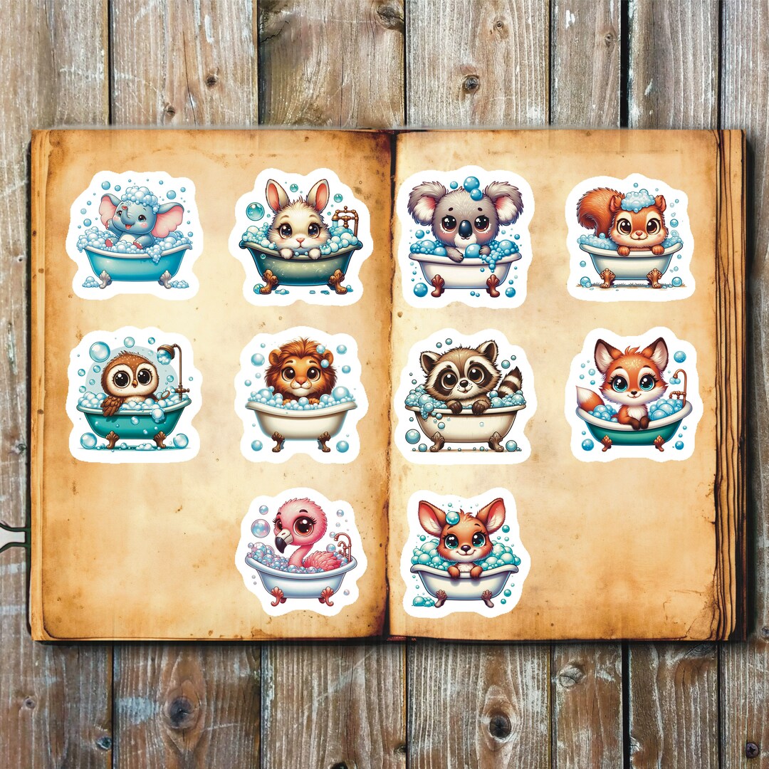 Animals in Bubble Bath Stickers, Set of 20 Stickers, Animal Stickers ...