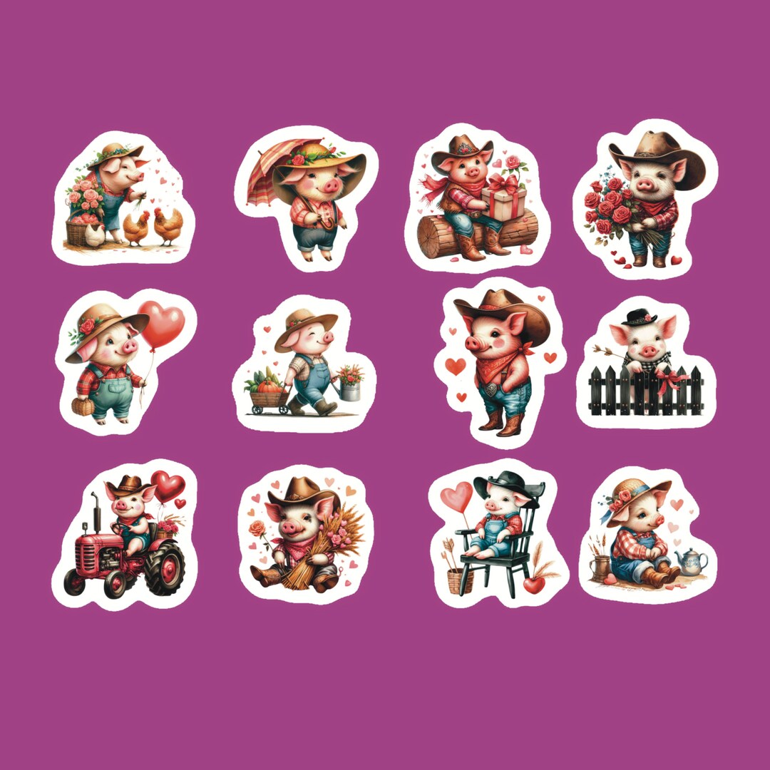 Country Pig Stickers, Set of 24 Stickers, Valentine Sticker, Love ...